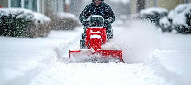 Man Operating Red Snow Blower, Clearing Driveway of Deep Snow during ...