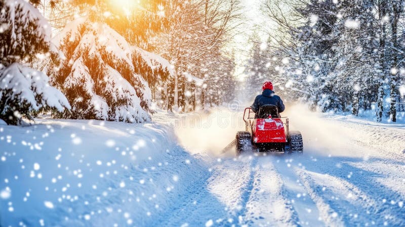 Man Operating Red Snow Blower, Clearing Snowy Path through Forest in ...
