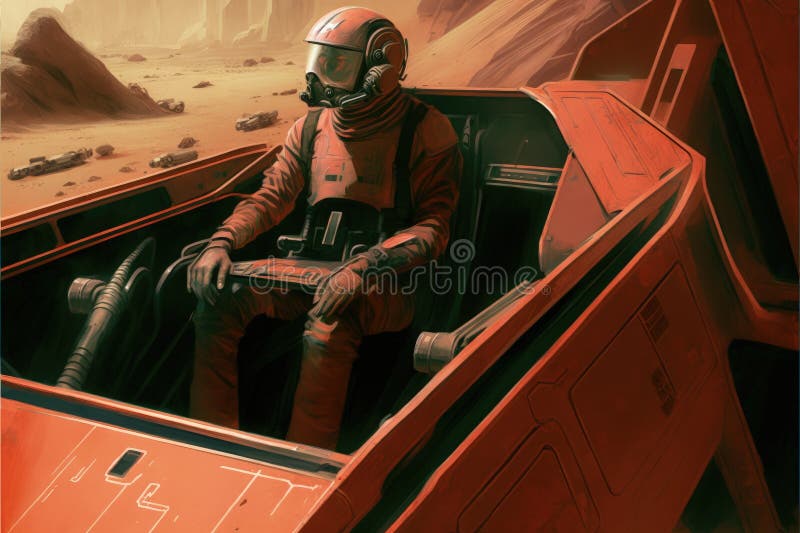 Man Operating a Robotic Vehicle on a Red Planet in Sci-fi Scenery Stock ...