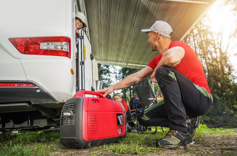 Man Operating RV Generator. Camper Van Dry Camping Stock Image - Image ...
