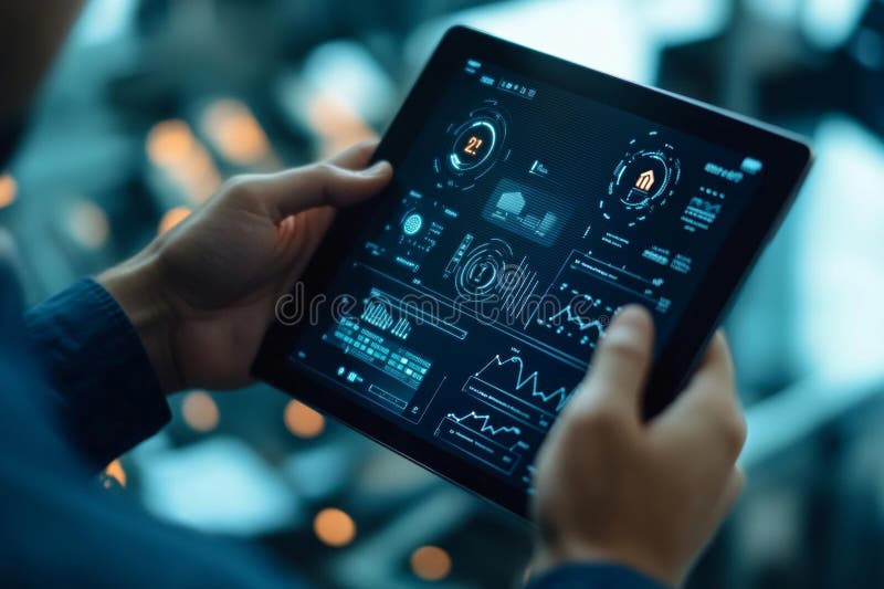 Man Operating Smart Home System on Tablet with Weather and Temperature ...