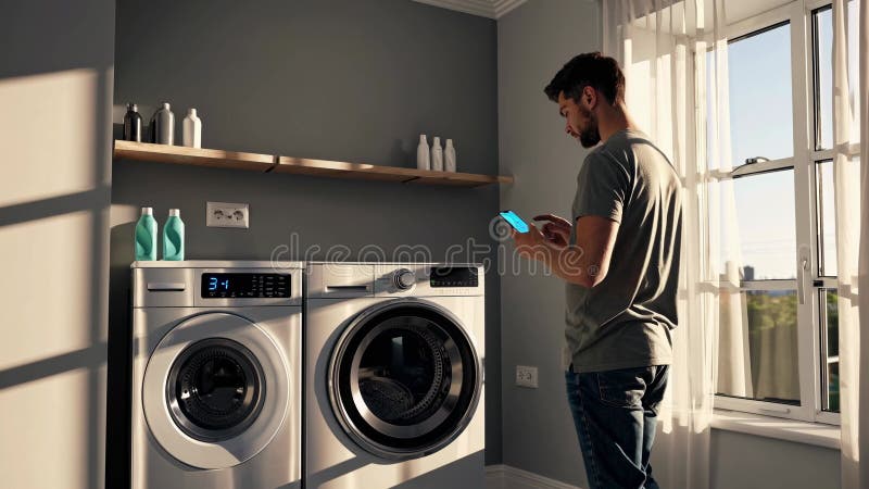 Man Operating Smart Washing Machine with Holographic Display Technology ...