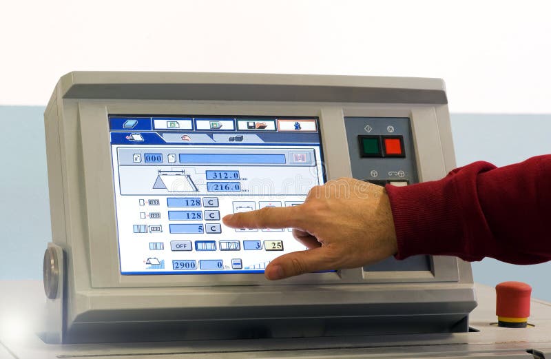 Man Operating Touch Screen Device at the Table Stock Photo - Image of ...