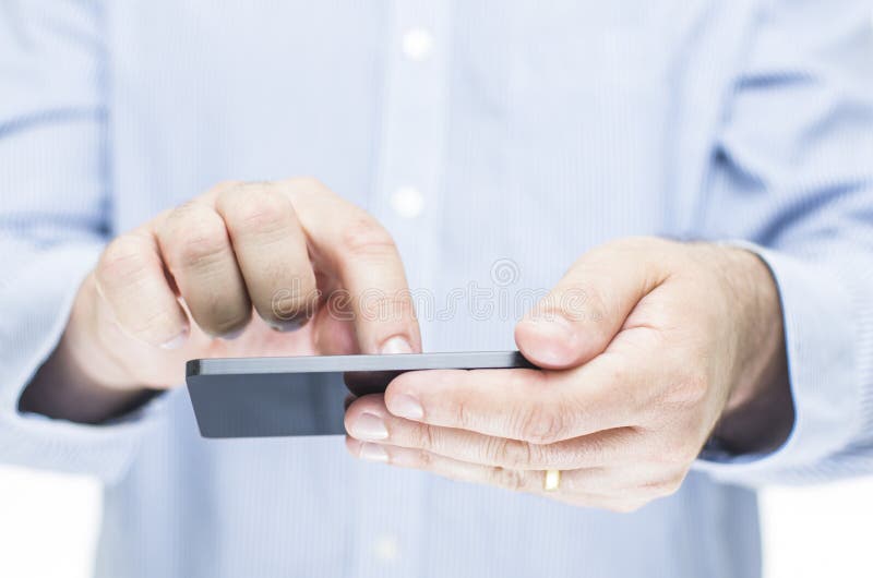 Man Operating a Touchscreen Mobile Phone Stock Photo - Image of high ...