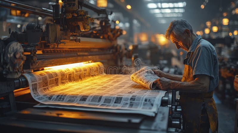 Man Operating Vintage Printing Press in Workshop Stock Illustration ...