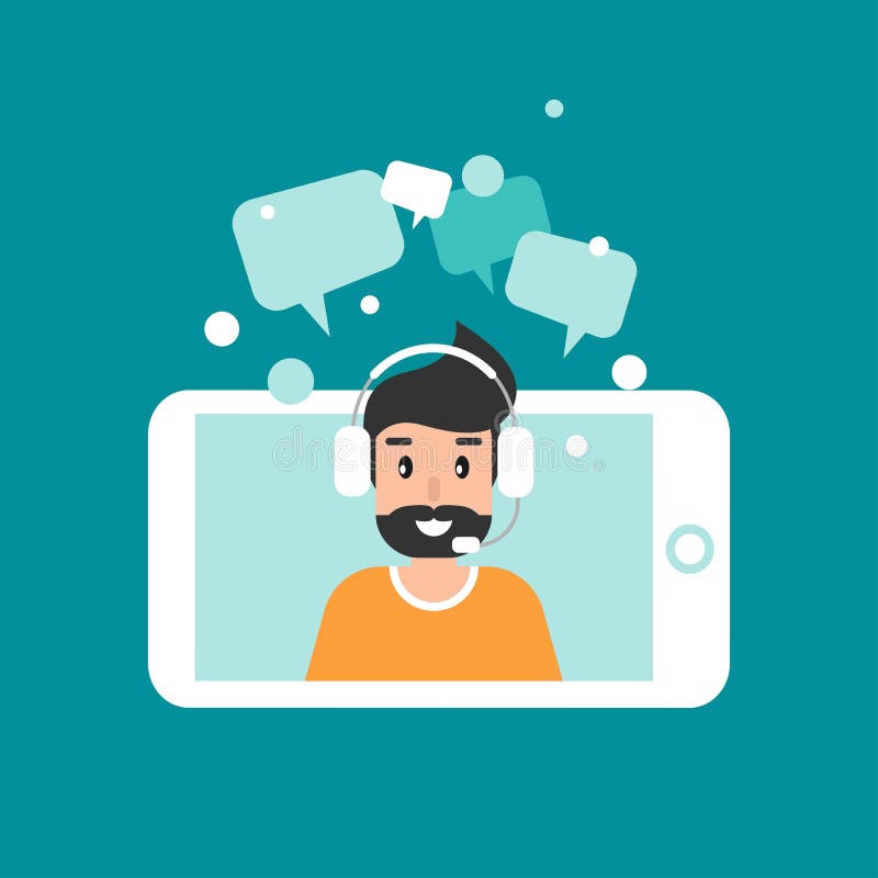 Man Operator on Smartphone Screen with Headphones and Microphone Stock ...