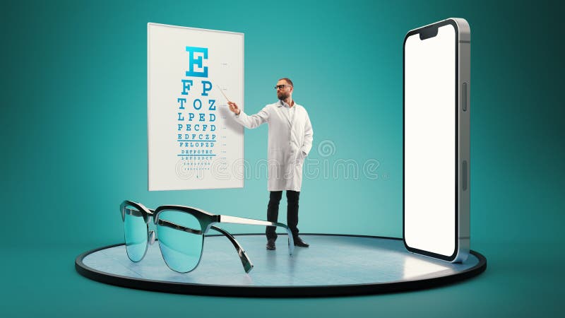 Man, Optometrist Pointing To Vision Chart with Glasses Displayed in ...