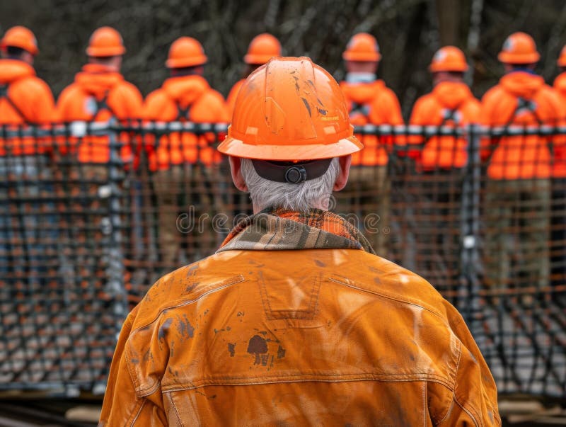 A Man in an Orange Hard Hat Stands Confidently in Front of a Fence ...