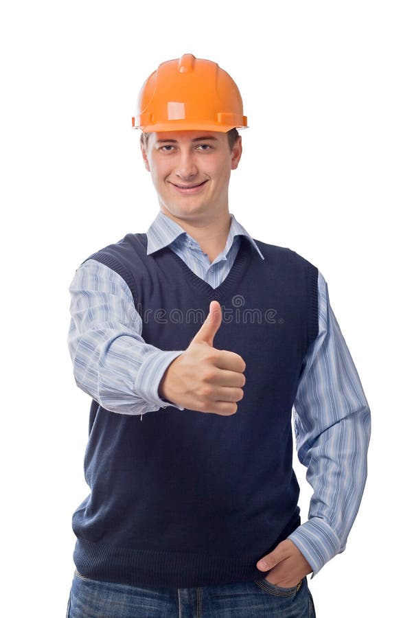 Man in Orange Helmet Showing Good Sign Stock Image - Image of ...