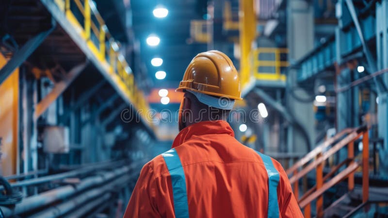 Man in Orange Jacket and Hard Hat in Factory Stock Image - Image of ...