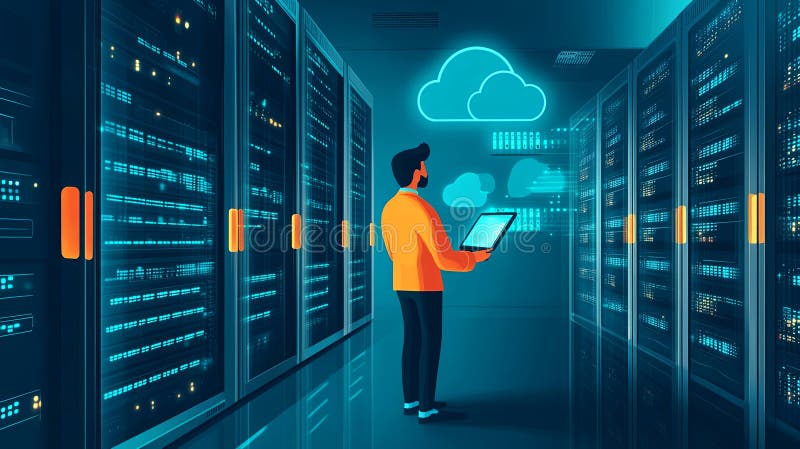 Digital Illustration of a Man in an Orange Jacket, Standing in a Server ...