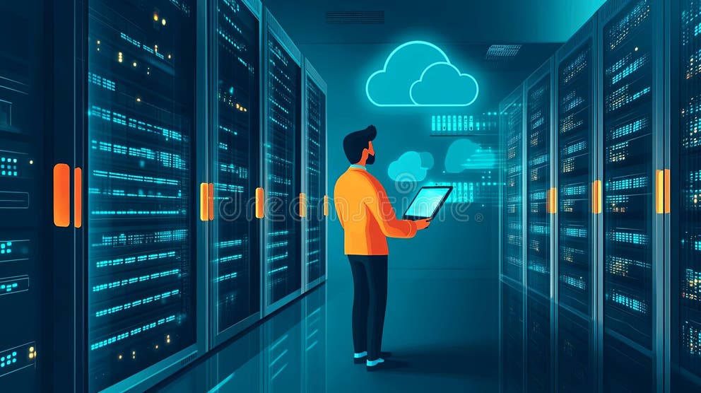 Digital Illustration of a Man in an Orange Jacket, Standing in a Server ...