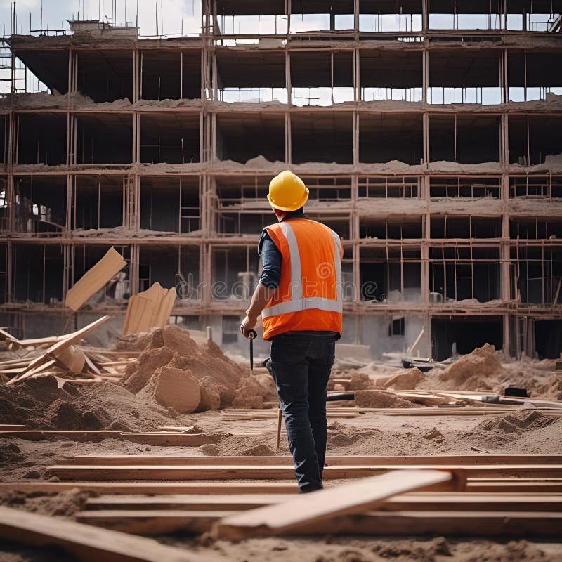 Man in Orange Jacket Standing in Front of Construction Site with ...