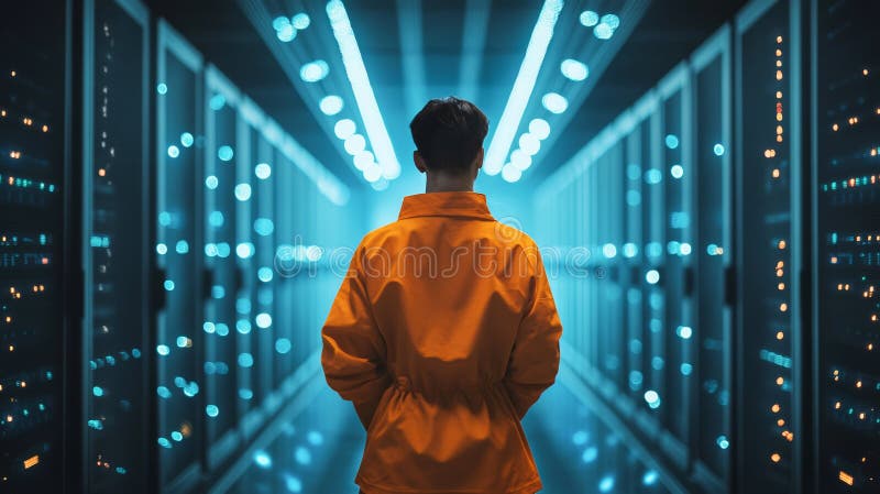 Man in Orange Jacket Standing in Futuristic Data Center Corridor with ...