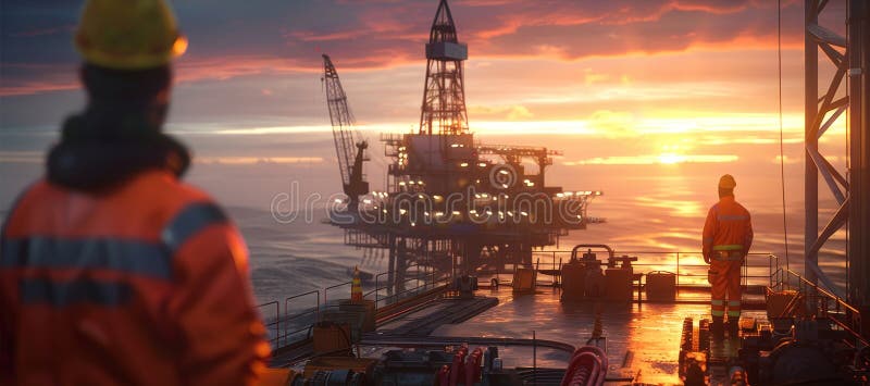 A Man in an Orange Jacket Stands on a Platform Overlooking a Large Oil ...