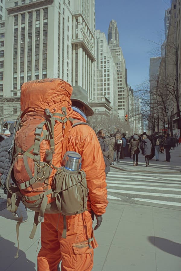 A Man in Orange Jumpsuit with Backpack Crossing a Street, AI Stock ...