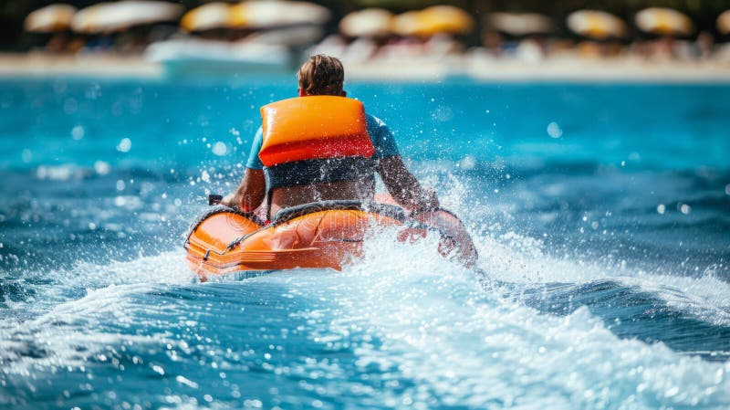 Man in Orange Life Jacket on Raft in Water Stock Photo - Image of ...