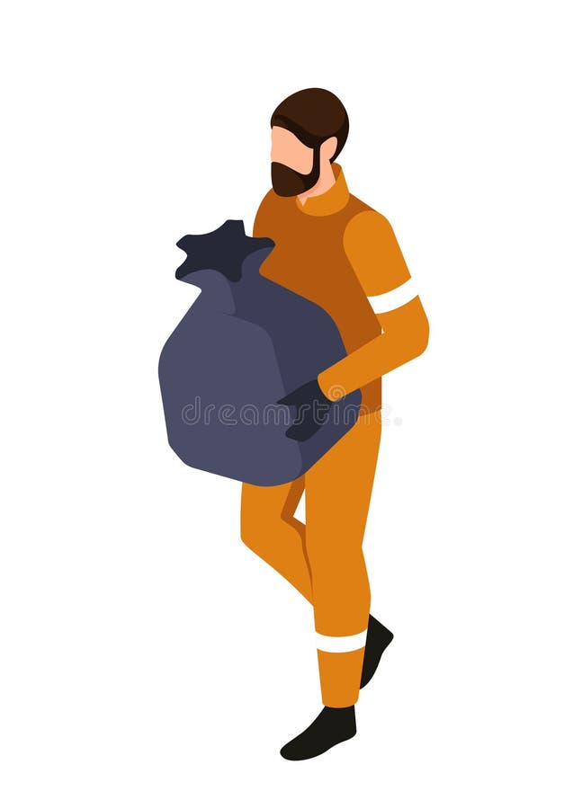 Man in an Orange Suit Carrying a Large Garbage Sack, Vector Style, on a ...