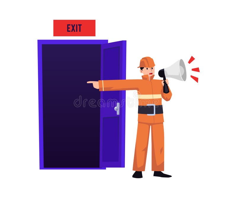 Man in Orange Uniform with Loudspeaker Points To Exit Flat Style Stock ...