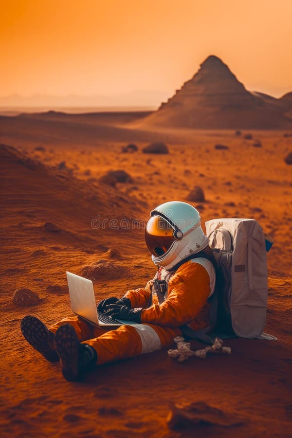 Man in Orange and White Space Suit Sitting in the Desert on Laptop ...