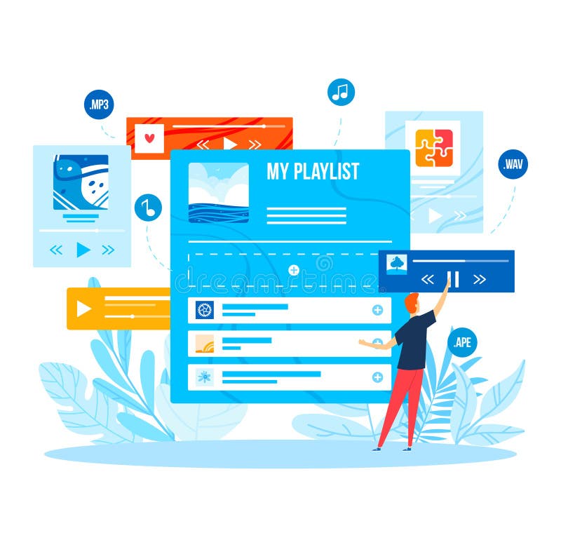 Man Organizing Digital Music Interface with Audio Icons. Modern Music ...