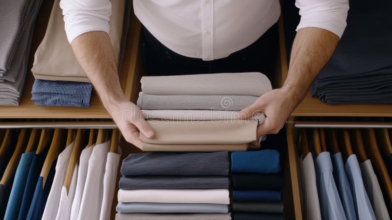 Man Organizing Neatly Folded Clothes in a Wooden Wardrobe Drawer, AI ... Man Organizing Neatly Folded Clothes in a Wooden Wardrobe Drawer, AI ...