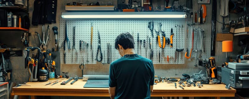 Man Organizing Tools in a Workshop with Focus on a Detailed Workbench ...