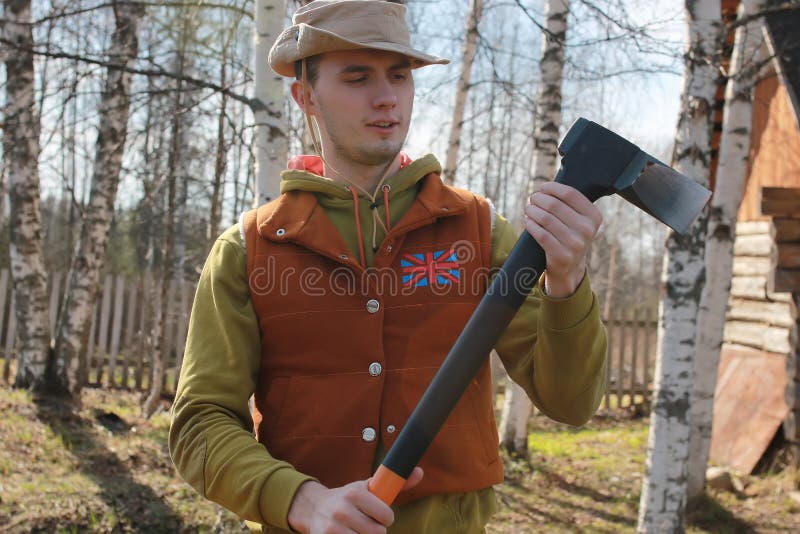 Man outdoor with axe stock image. Image of firewood, face - 81300697