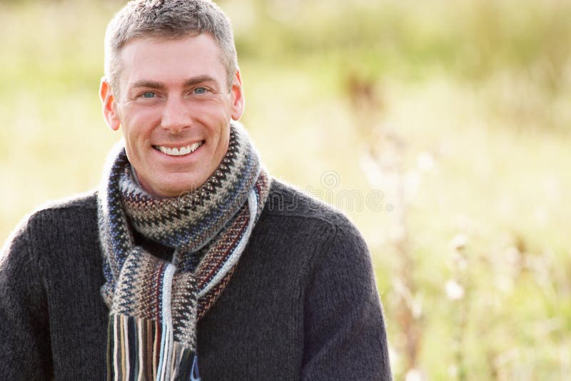 Man Outdoors Walking in Autumn Landscape Stock Image - Image of forties ...