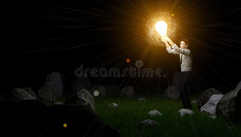 Man Lighting His Way with Light Bulb Stock Illustration - Illustration ...
