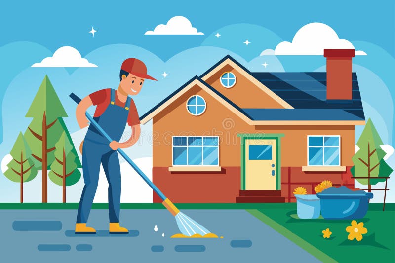 A Man in Overalls is Cleaning the Driveway of a House, Gutter Cleaning ...