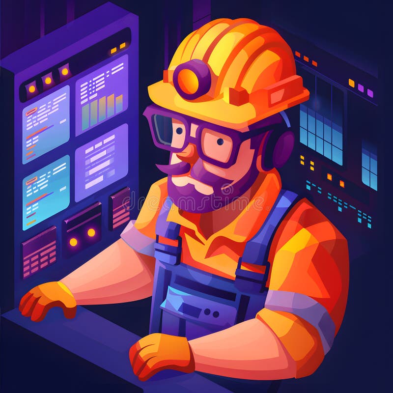 Man in Overalls and Hard Hat Sits at Computer with Visual Effect ...