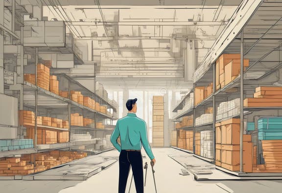 Man Overlooking a Modern Warehouse Interior Stock Illustration ...