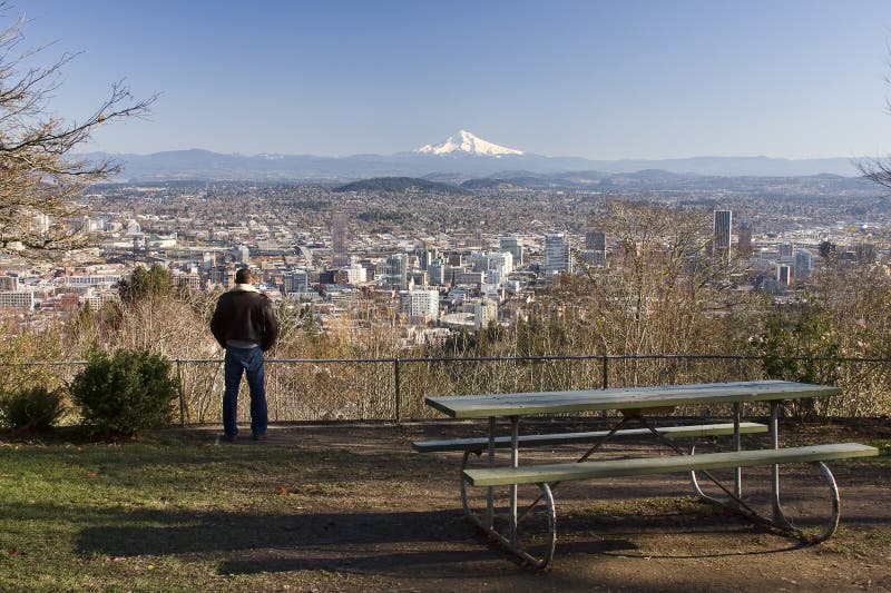 Man Overlookng Portland, Oregon Stock Image - Image of office, park ...