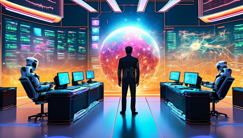 Man Overseeing Robots in a High-Tech Control Room Stock Photo - Image ...