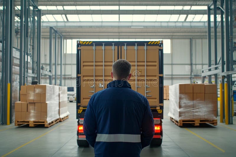 Man Oversees Loading of Containers in a Warehouse Setting at Dawn ...