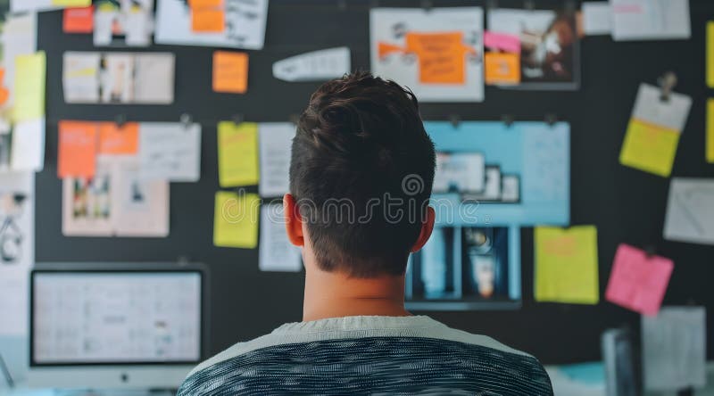 Man Overviewing a Board with Notes on the Wall, Generative Ai Stock ...