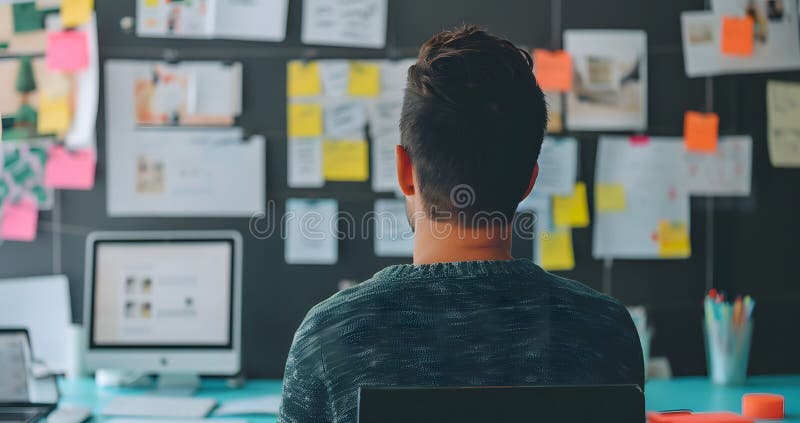 Man Overviewing a Board with Notes on the Wall, Generative Ai Stock ...