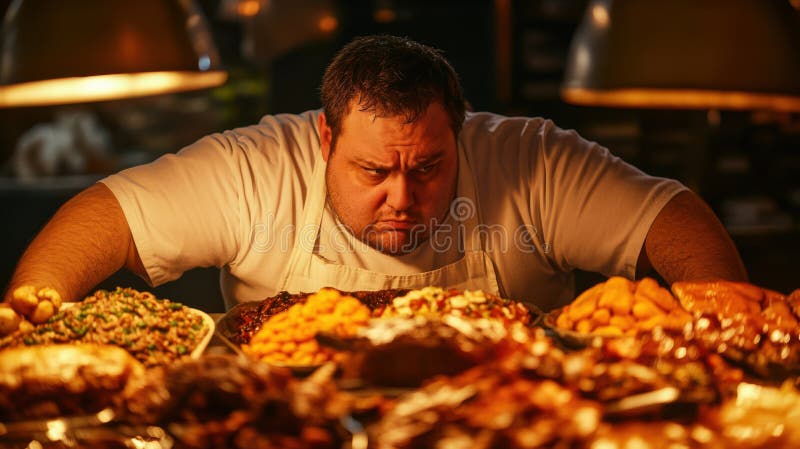 Overweight Man Sitting at a Table Filled with Various Foods, Expressing ...