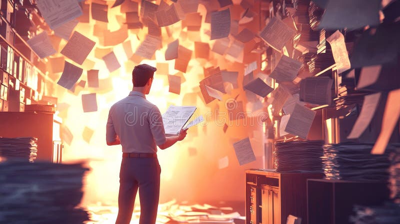 A Man is Overwhelmed by Papers in an Office at Night, Facing Piles of ...