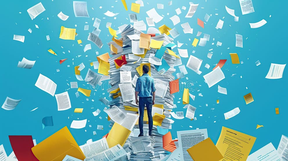 Man Overwhelmed by Papers stock illustration. Illustration of white ...