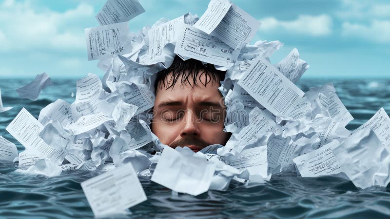 Man Overwhelmed by Paperwork, Drowning in a Sea of Documents ...