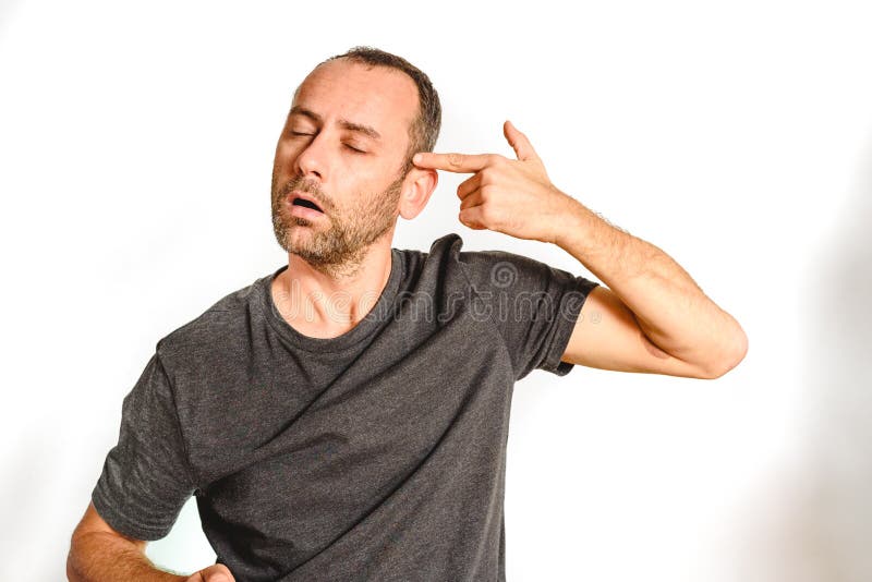 Man in Overwhelmed Studio Pointing with Hand To Head, Model Expressions ...