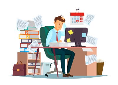 Man Overwork in Office Vector Illustration of Cartoon Manager Sitting ...