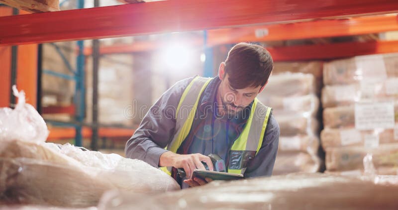 Man, Package and Scanner with Tablet for Warehouse Logistics, E ...