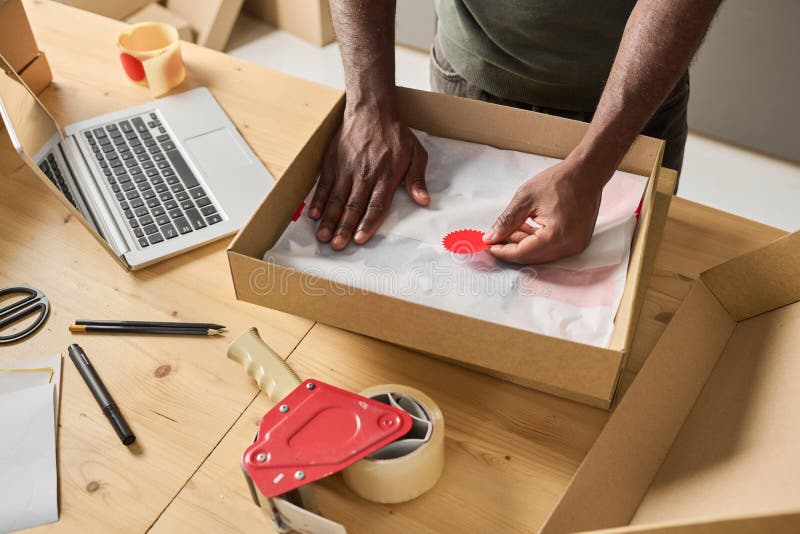 Man Packing Parcel in Box for Delivery Stock Photo - Image of worker ...