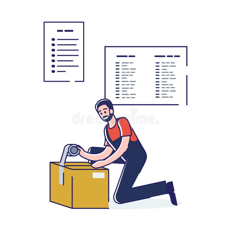 Man Packing Parcel in Cardboard Box Using Tape. Post Office Courier ...