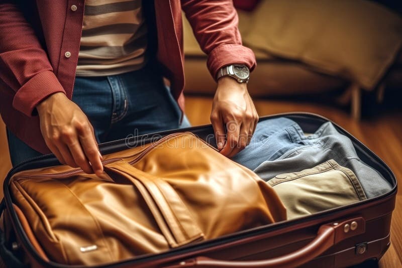Man Packing Suitcase for Trip. Background with Selective Focus and Copy ...