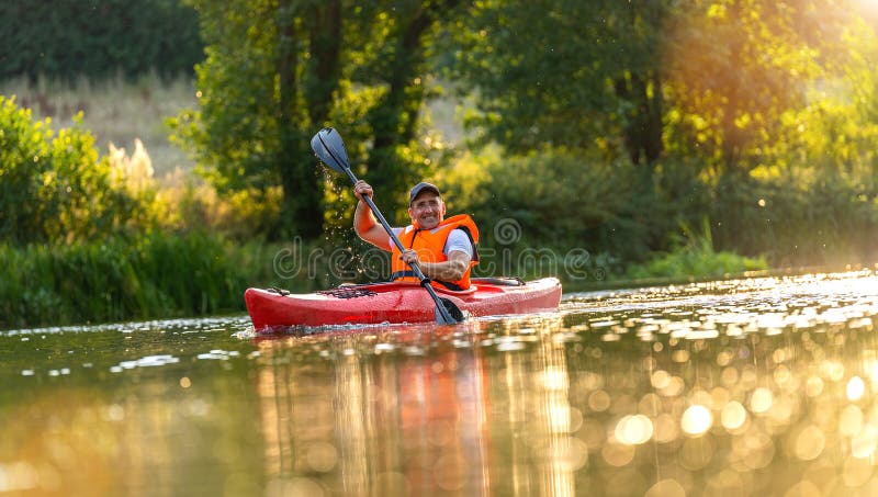 Man Paddling with Kayak on River for Water Sport Stock Photo - Image of ...