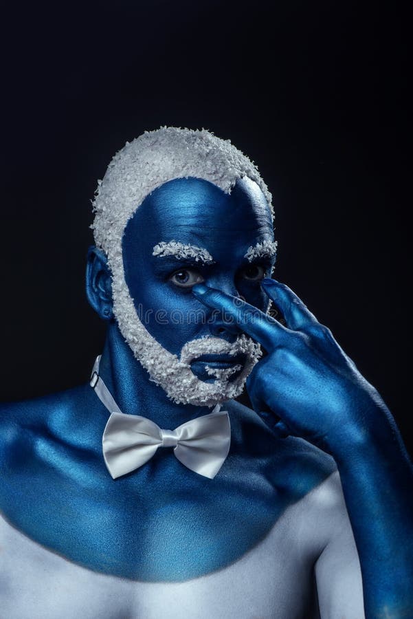 Man Painted in Blue Color with Snowy Hair and Beard Stock Photo - Image ...